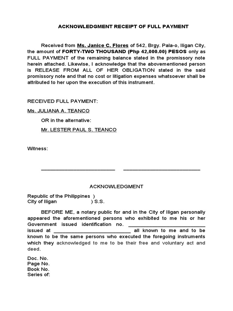 Acknowledgment Receipt of Full Payment | PDF