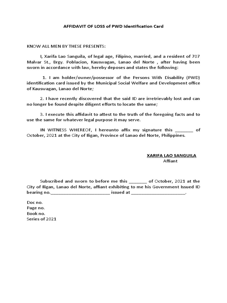 AFFIDAVIT OF LOSS of PWD Identification Card | PDF | Social Science