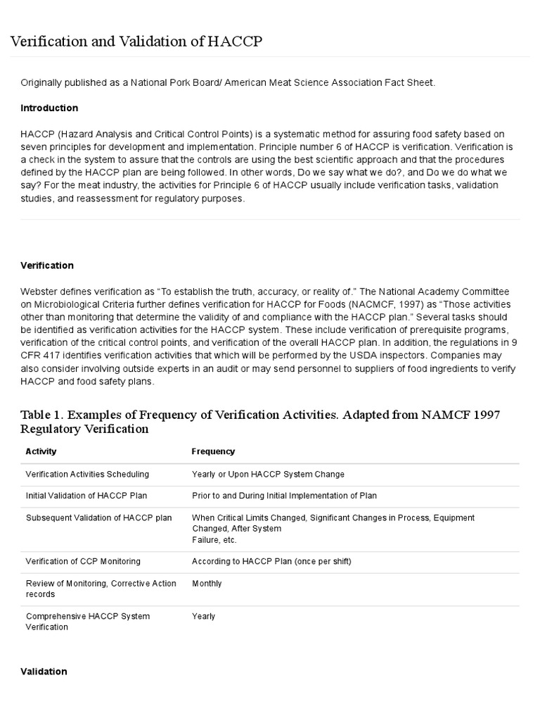 Verification and Validation of HACCP - Pork Information Gateway | PDF | Hazard Analysis And ...