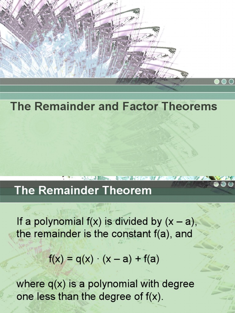 Remainder and Factor Theorem | PDF | Factorization | Polynomial