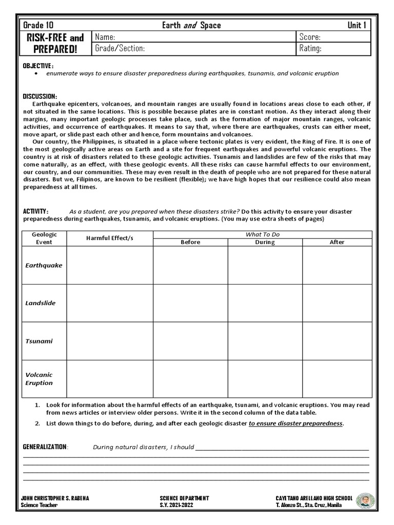 Risk Free and Prepared Worksheet | PDF | Volcano | Earthquakes