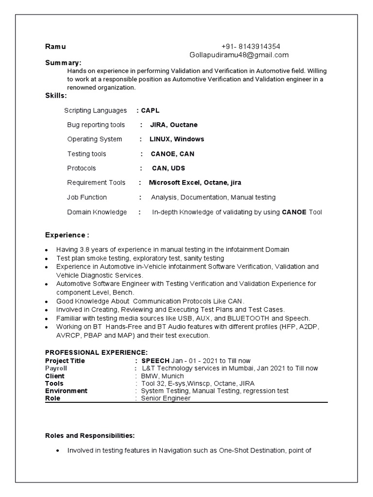 Ramu Resume IVI Test Engineer | PDF | Software | Computer Engineering