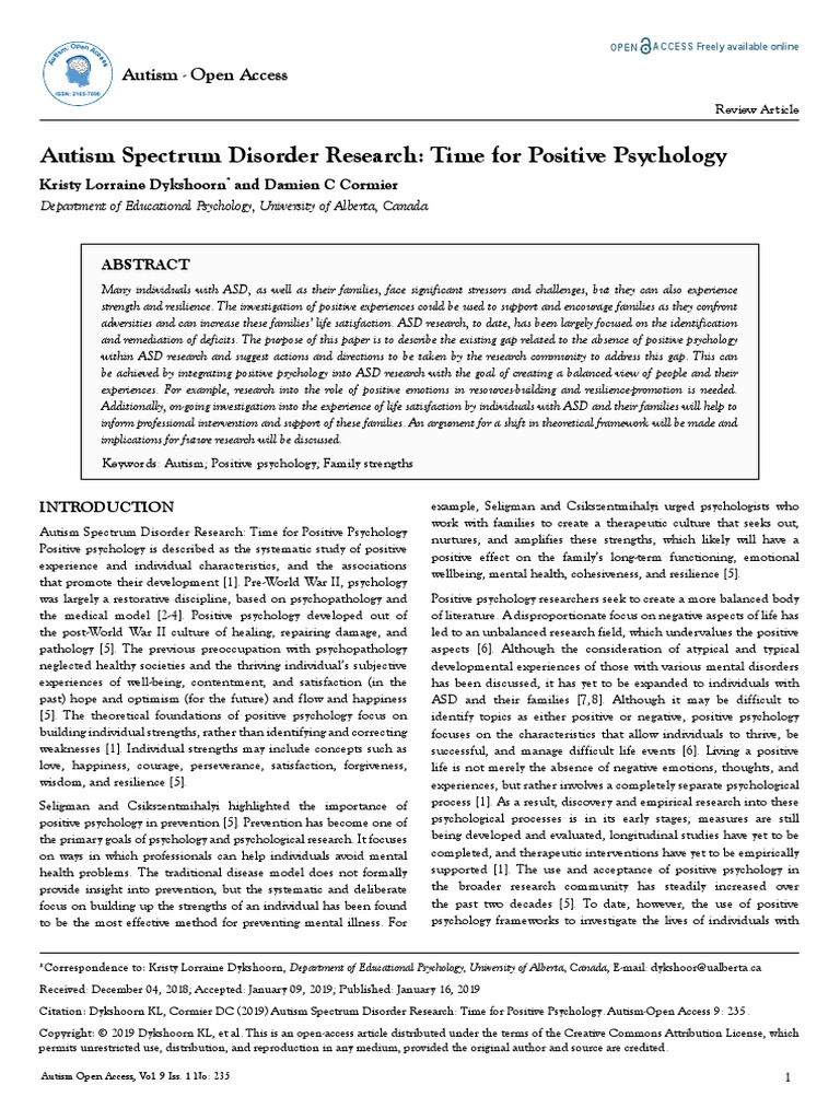 Autism Spectrum Disorder Research Time For Positive Psychology 2165 ...