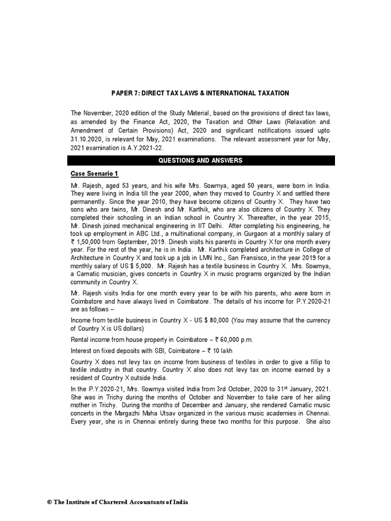 Paper 7: Direct Tax Laws & International Taxation: Questions and ...