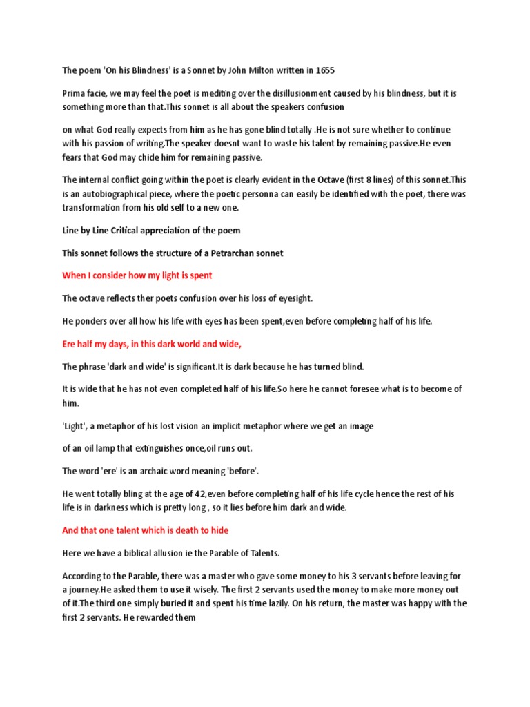 Milton's Sonnet on Blindness Explained | PDF | Sonnets