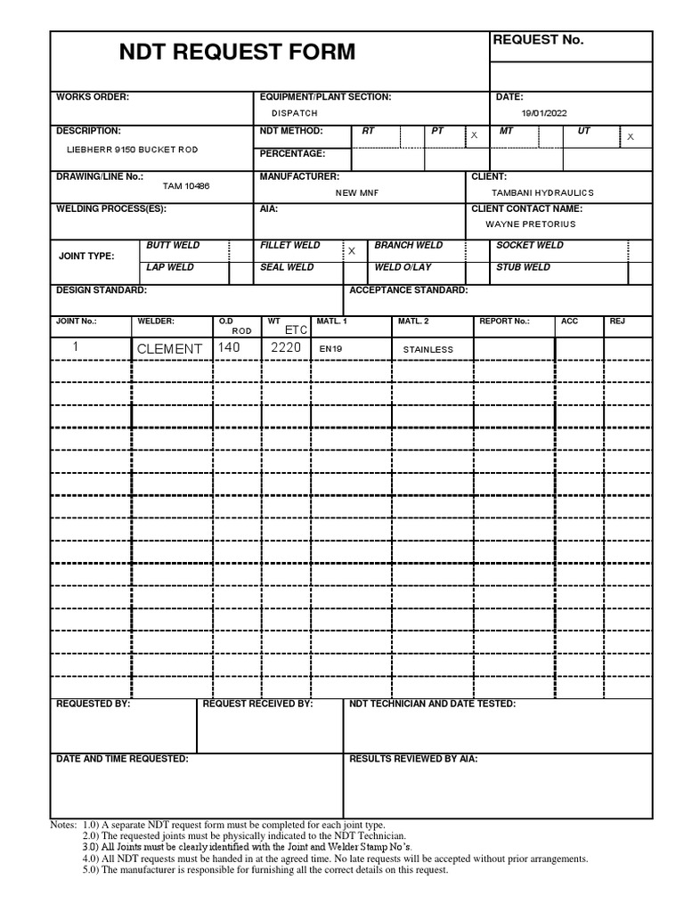 NDT Request Form | PDF | Nondestructive Testing | Construction