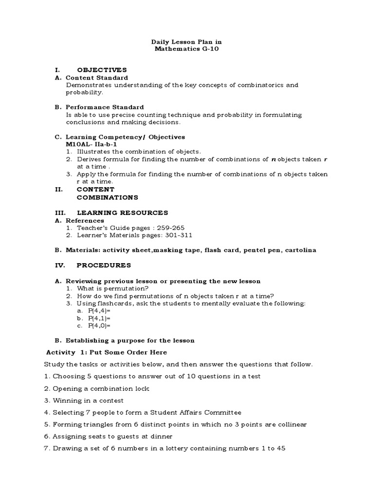 Lesson Plan Ko N Pandemo Ni Mam Glo (Combinations) | PDF | Lesson Plan ...