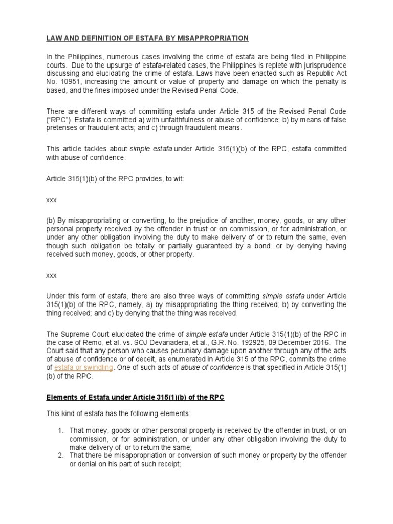 Law and Definition of Estafa by Misappropriation | PDF | Fraud ...