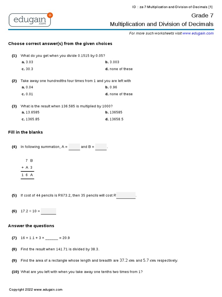 Grade 7 Multiplication and Division of Decimals Za | PDF | Division ...
