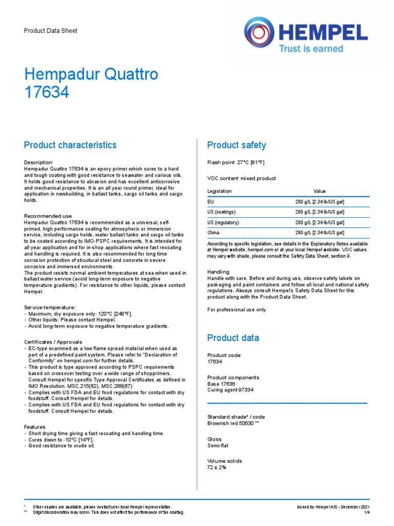 Hempadur Quattro 17634: Product Characteristics Product Safety | PDF ...