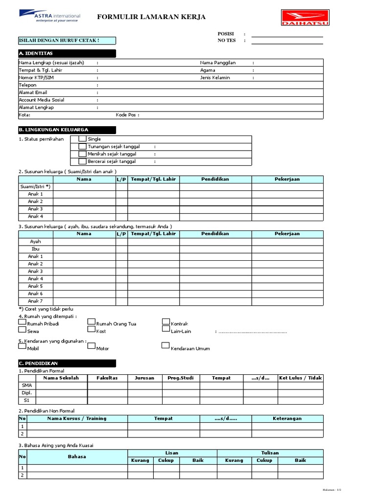 Formulir Lamaran Kerja Lengkap | PDF