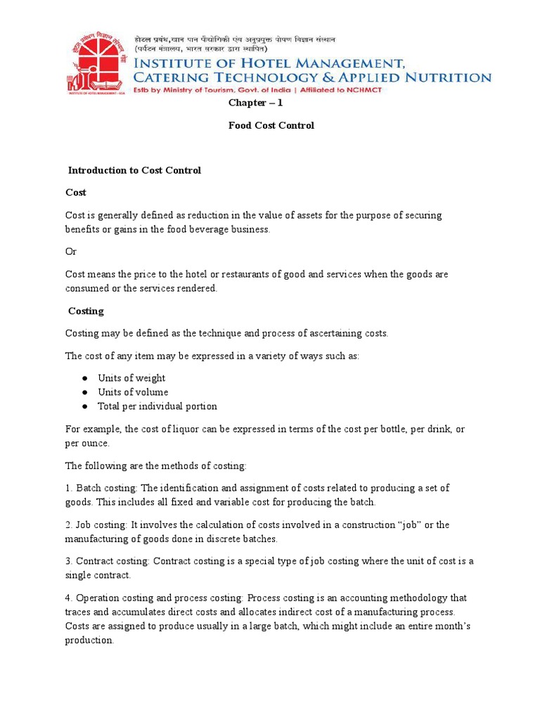 Chapter-1 Food Cost Control | PDF | Cost Accounting | Foods