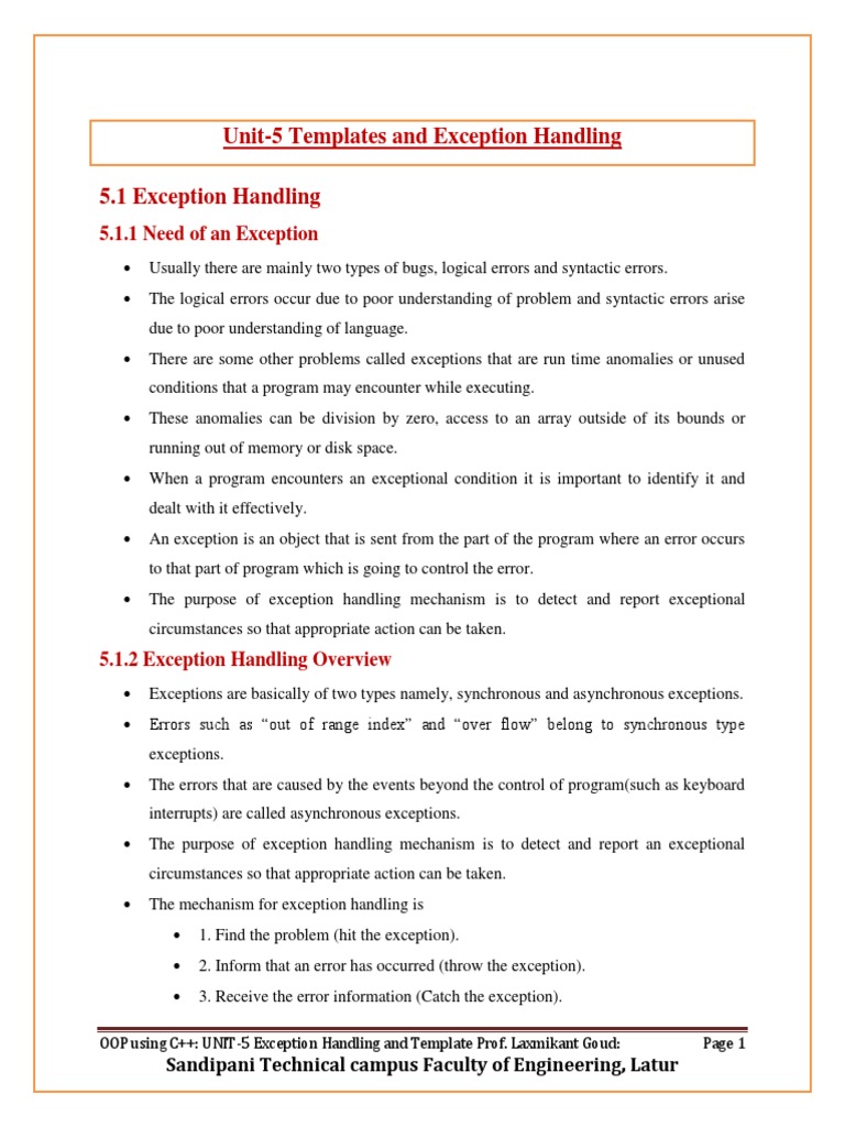 Unit-5 Templates and Exception Handling 5.1 Exception Handling | PDF ...