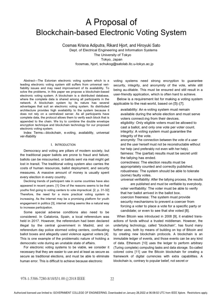 A Proposal of Blockchain-Based Electronic Voting System-1 | PDF ...