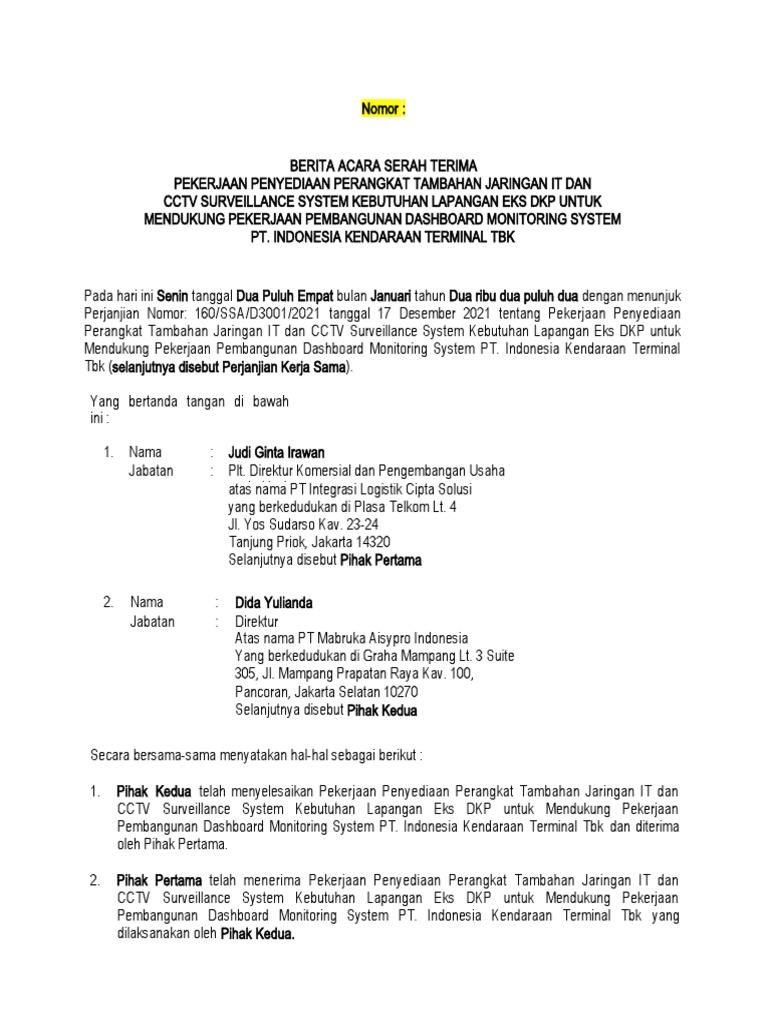 Draft BAST Pekerjaan Penyediaan Perangkat Tambahan Jaringan IT Dan CCTV Surveillance System | PDF