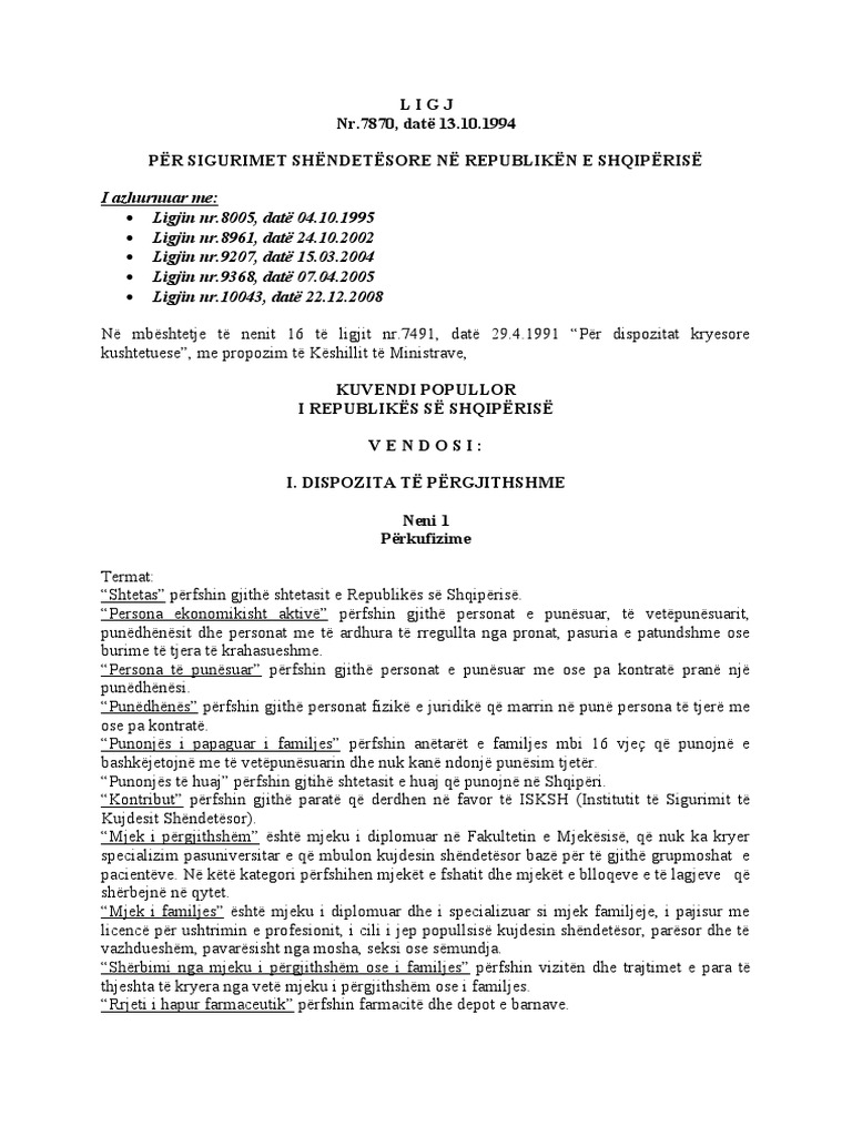 Ligji Nr.7870 - Per Sigurimet - Shendetesore Ne RSH | PDF