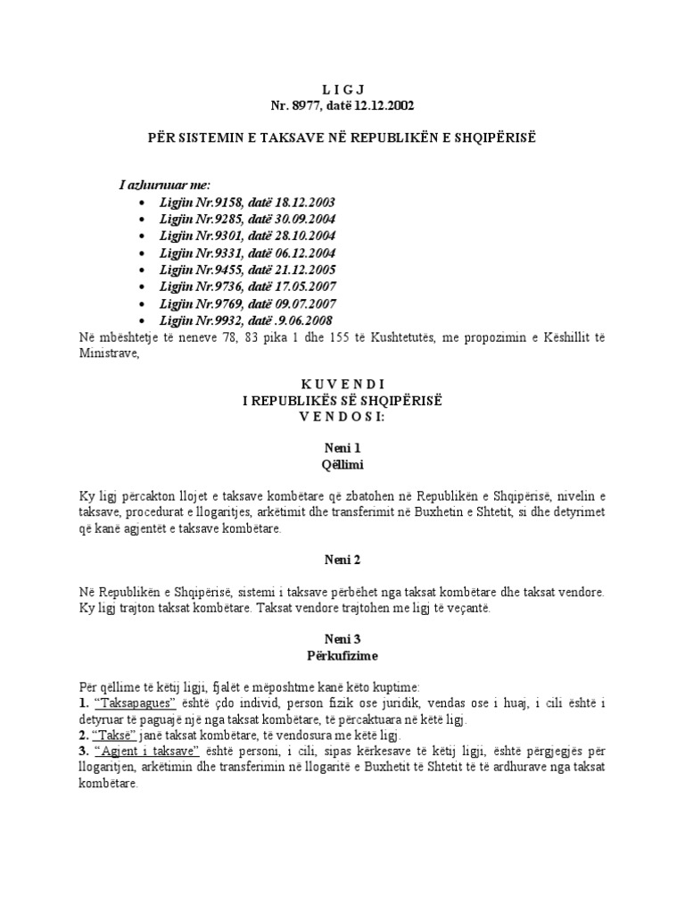 LIGJ 8977 - Per Sistemin e Taksave Ne Republiken e Shqiperise | PDF