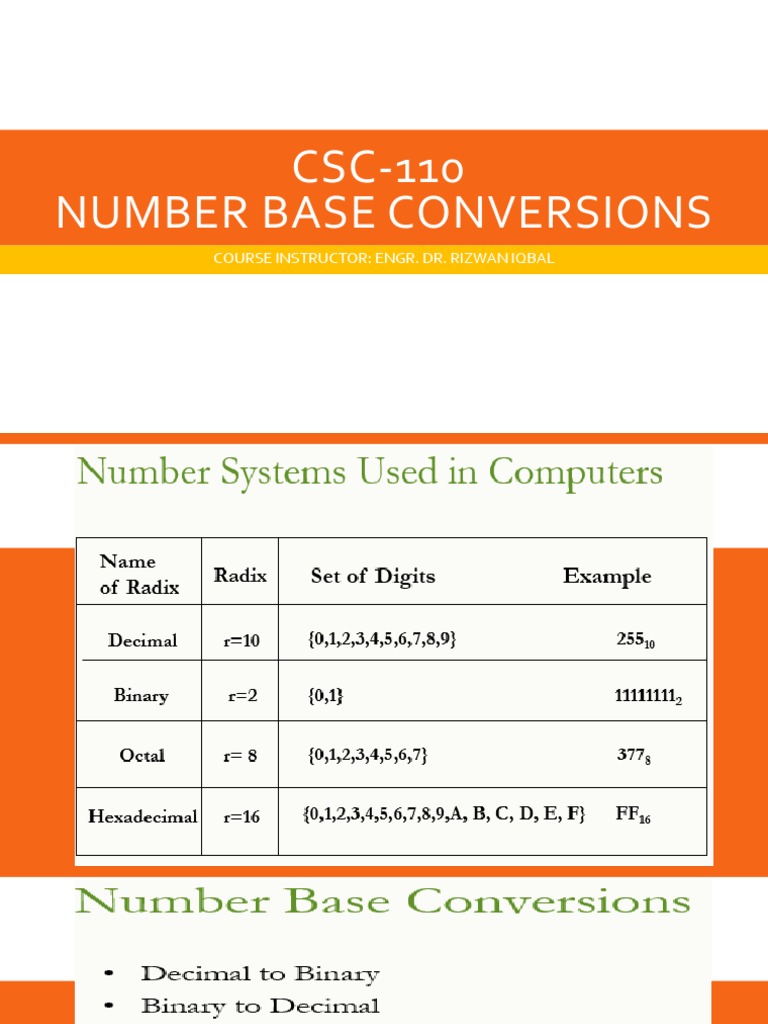 CSC-110 Number Base Conversions: Course Instructor: Engr. Dr. Rizwan ...