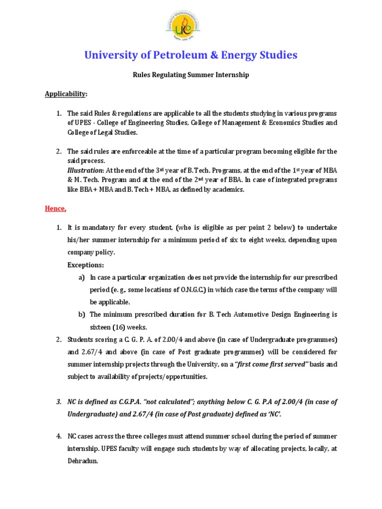 Policy - Rules Governing Summer Internship | PDF | Internship | Job Hunting