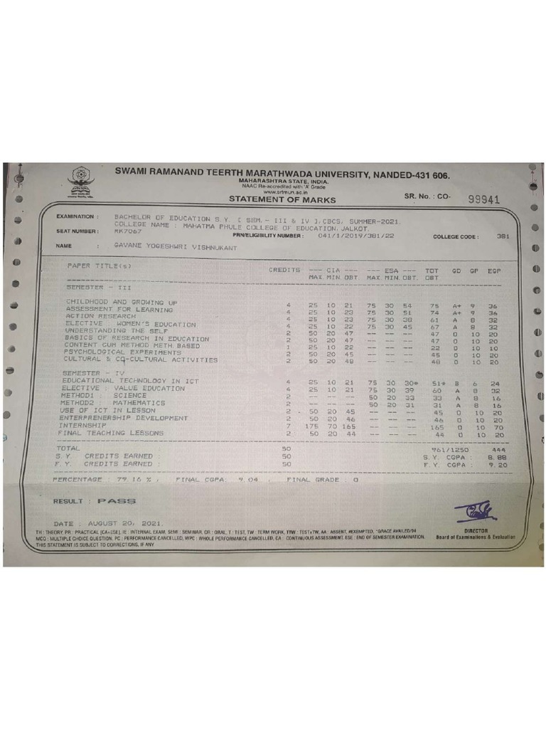 B.Ed. Marksheet | PDF