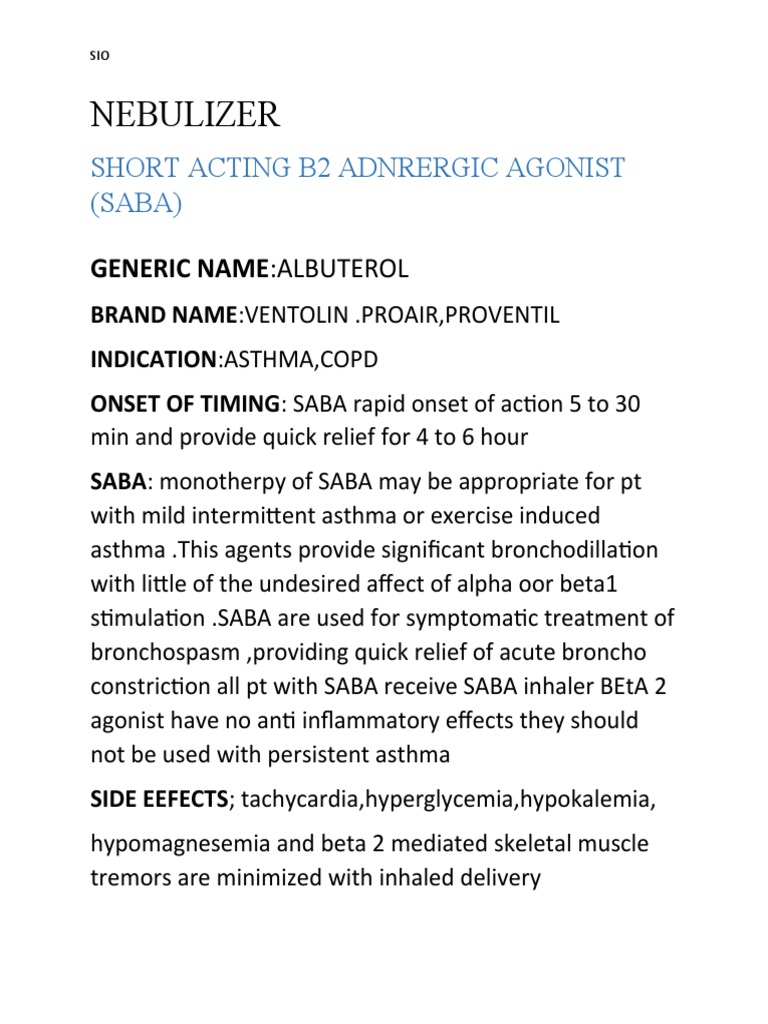 Nebulizer: Short Acting B2 Adnrergic Agonist (SABA) | PDF