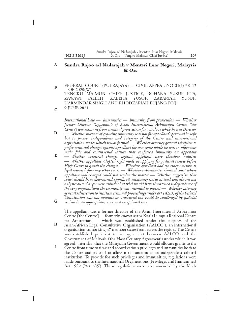 Sundra Rajoo Al Nadarajah V Menteri Luar Negeri, Malaysia | PDF | Sovereign Immunity | Prosecutor