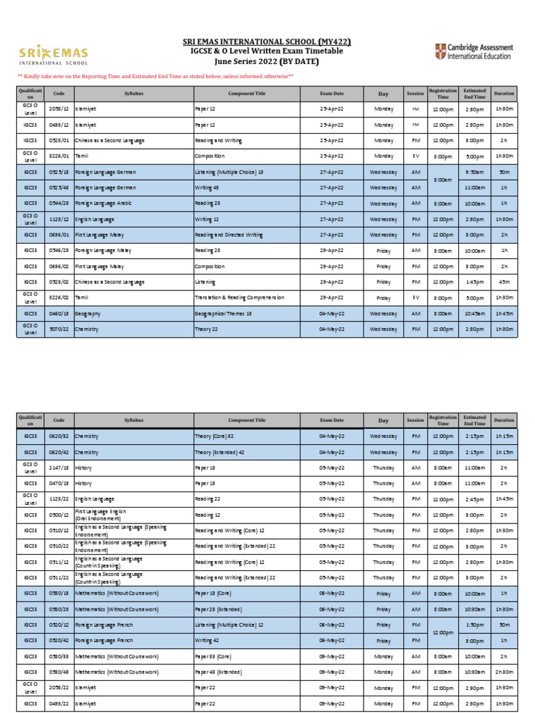 Written Exam Timetable June Series 2022 by Date 1 | PDF ...