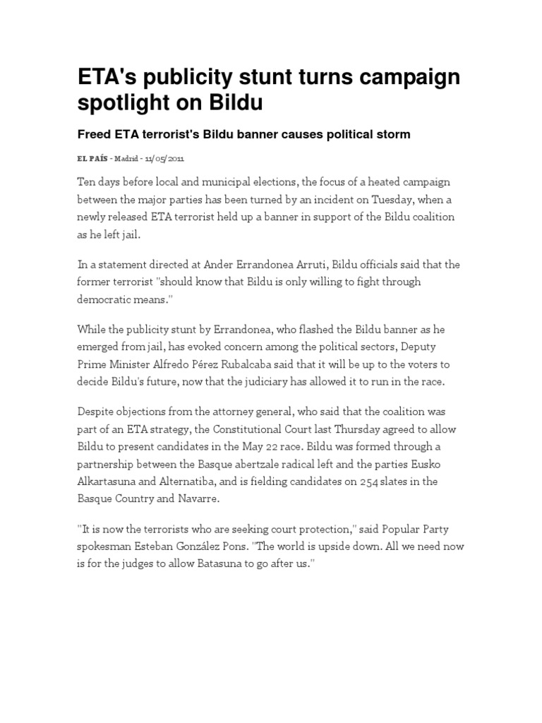 ETA's Publicity Stunt Turns Campaign Spotlight On Bildu | PDF | Basques ...