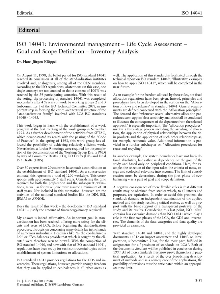 ISO 14041: Environmental Management - Life Cycle Assessment - Goal and ...
