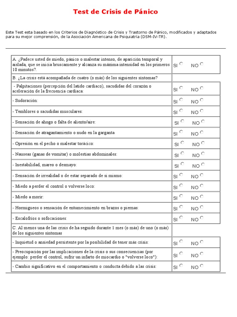 Test de Crisis de Pánico | PDF | Ataque de pánico | Trastorno de pánico