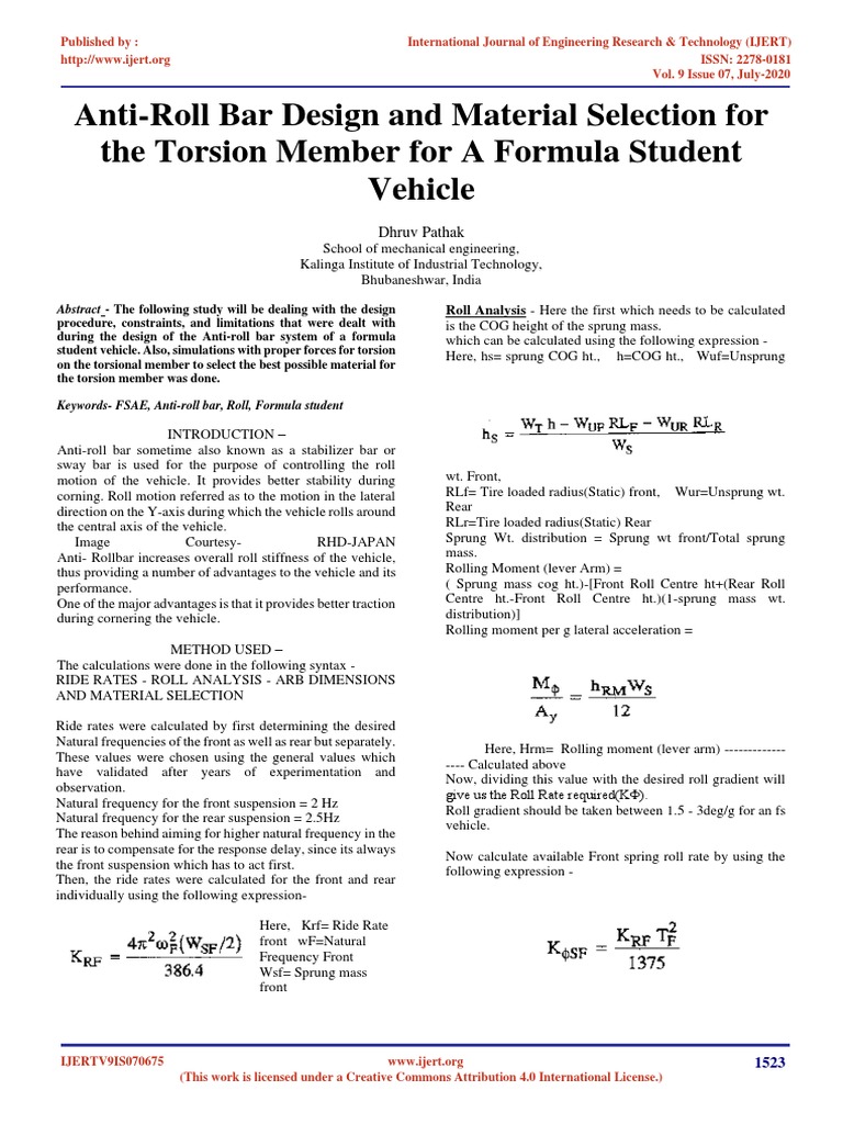 Anti-Roll Bar Design and Material Selection For TH | PDF | Classical ...