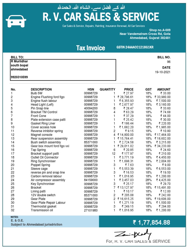 Car Repair Tax Invoice | PDF | Transport | Automotive Industry