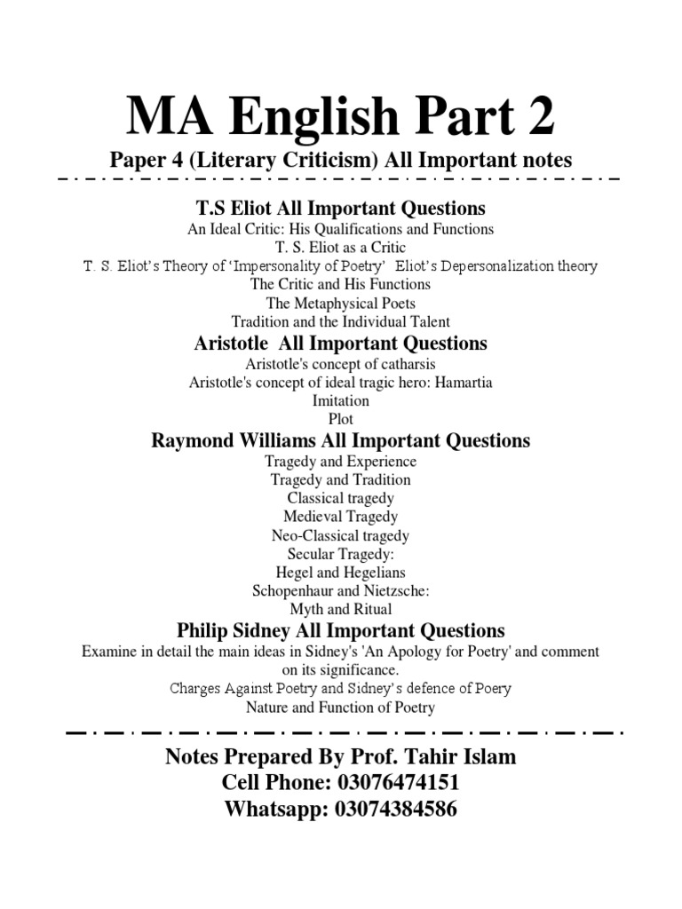 MA English Part 2: Paper 4 (Literary Criticism) All Important Notes ...
