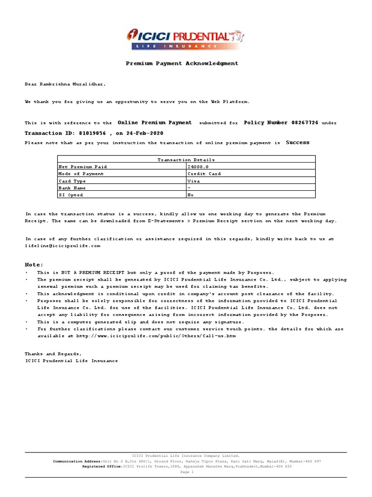 Icici Prudential Premium - Paid - Acknowledgement | PDF | Insurance ...