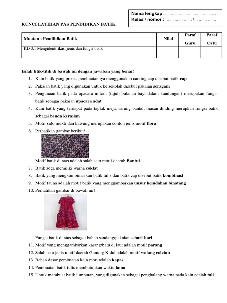 KUNCI LATIHAN SOAL PAS BATIK 2021 Fix | PDF