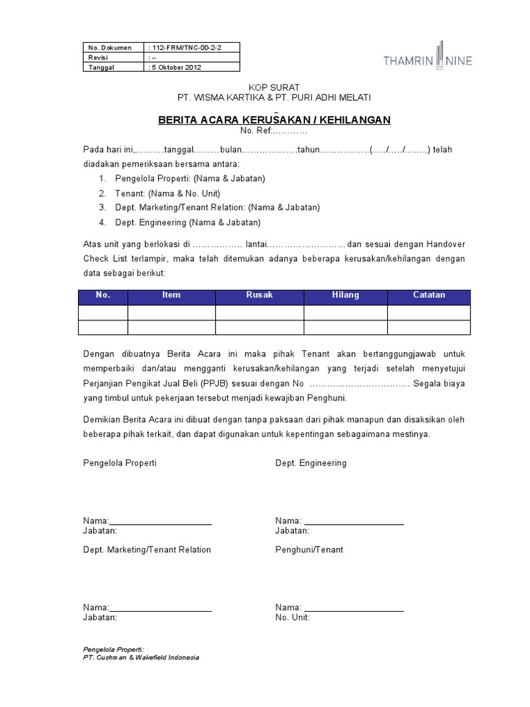 Berita Acara Kerusakan Kehilangan | PDF