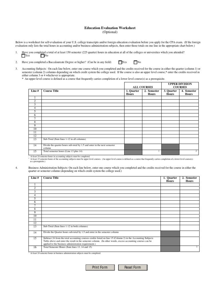 Education Evaluation Worksheet: (Optional) | Download Free PDF | Course ...