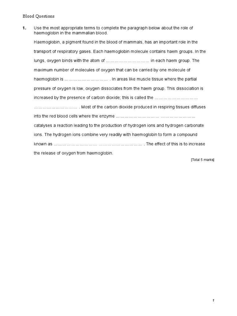 Blood Questions: (Total 5 Marks) | PDF | Hemoglobin | Blood
