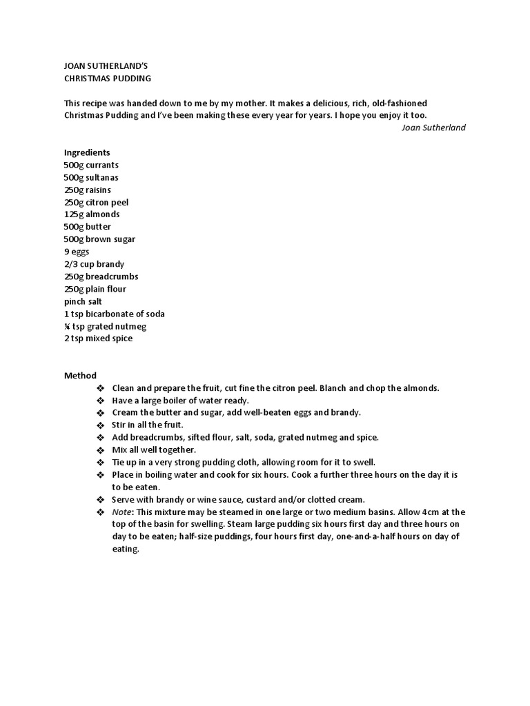 Joan Sutherland Christmas Pudding Recipe | PDF