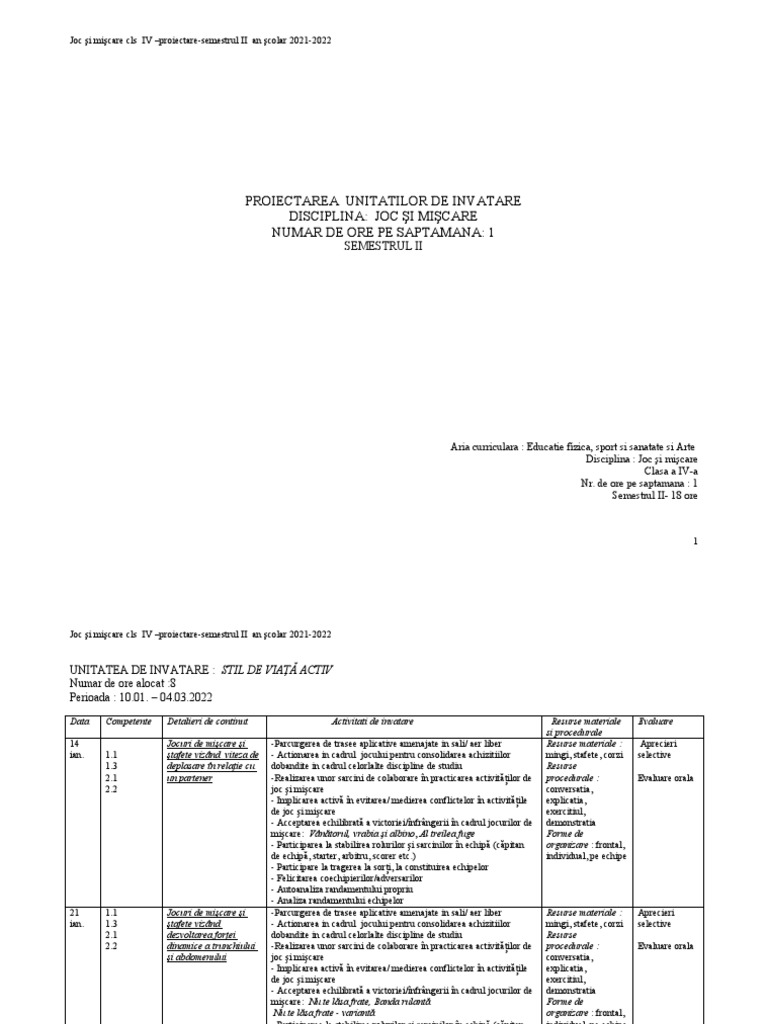 PROIECTARE JOC ȘI MIȘCARE-unitati Sem II | PDF