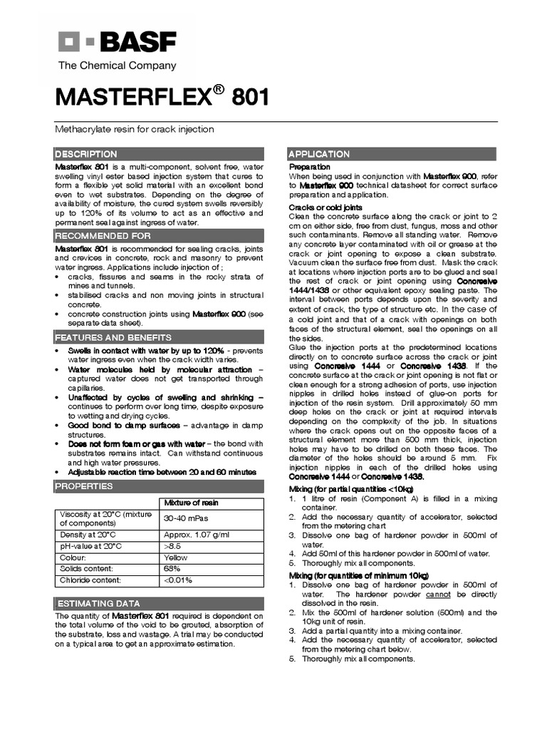 Masterflex 801: Methacrylate Crack Sealer | PDF | Epoxy | Adhesive