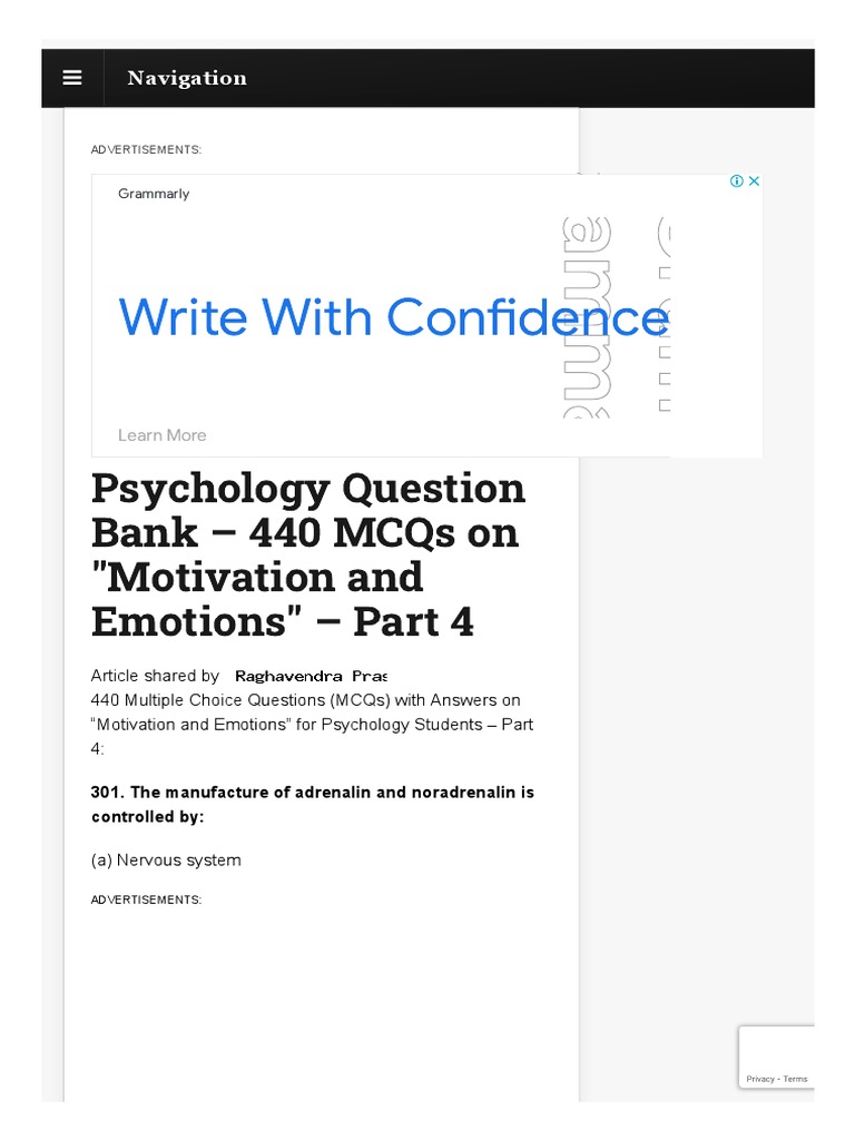 Psychology Question Bank - 440 MCQs On - Motivation and Emotions - Part ...