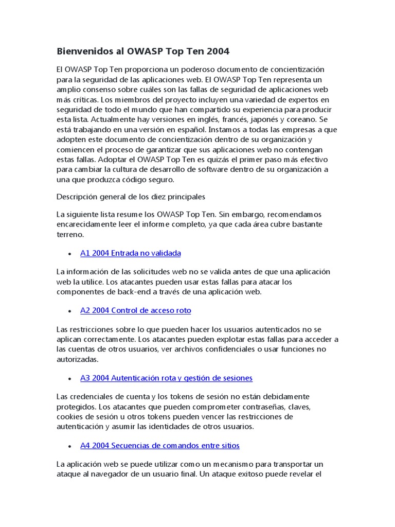 OWASP Top Ten 2004 | Descargar gratis PDF | Autenticación | Software de la aplicacion