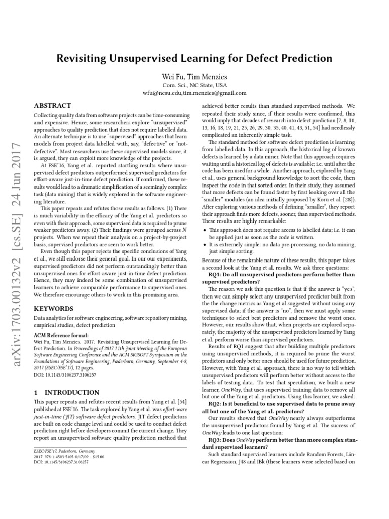 Revisiting Unsupervised Learning For Defect Prediction: Wei Fu, Tim Menzies | PDF | Dependent ...
