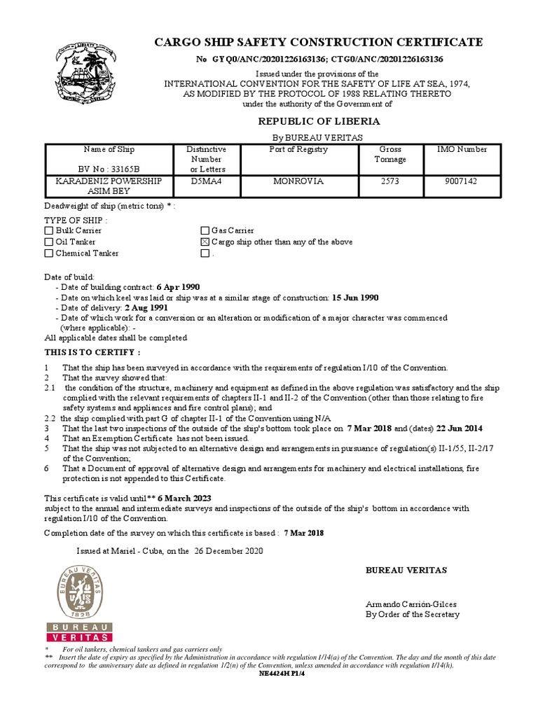 Cargo Ship Safety Certificate Details | PDF | Ships | Tonnage