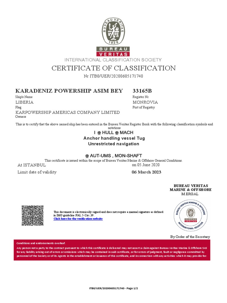 Certificate of Classification | Download Free PDF | Water Transport ...