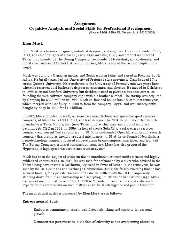 Assignment Cognitive Analysis and Social Skills For Professional ...