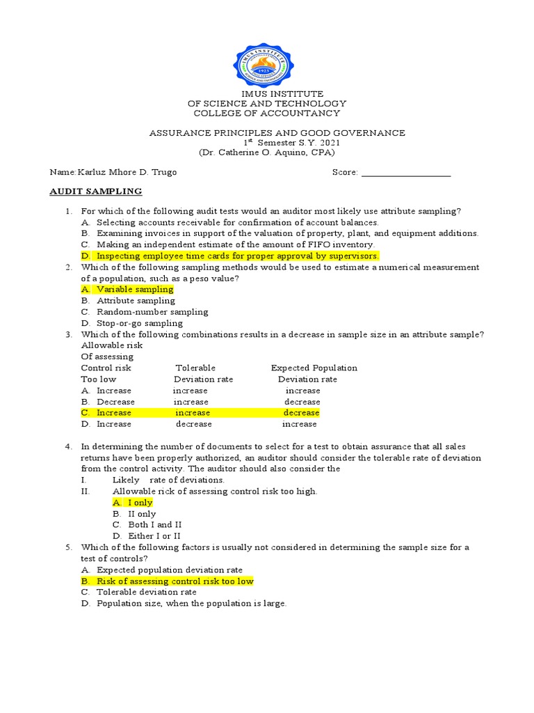 Audit Sampling Quiz - Trugo | PDF | Audit | Sampling (Statistics)