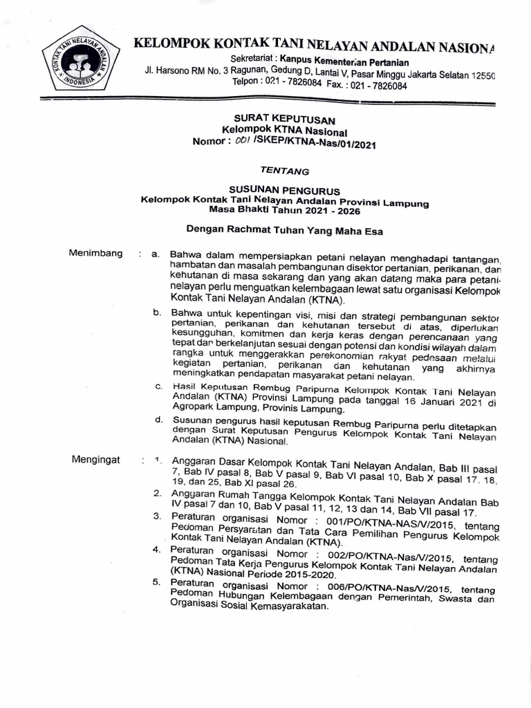 Susunan Pengurus KTNA Lampung 2021-2026 | PDF