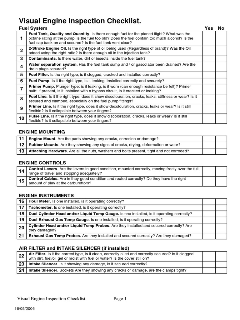 Visual Engine Inspection Checklist.: Fuel System Yes No 1 2 3 4 5 6 7 8 ...